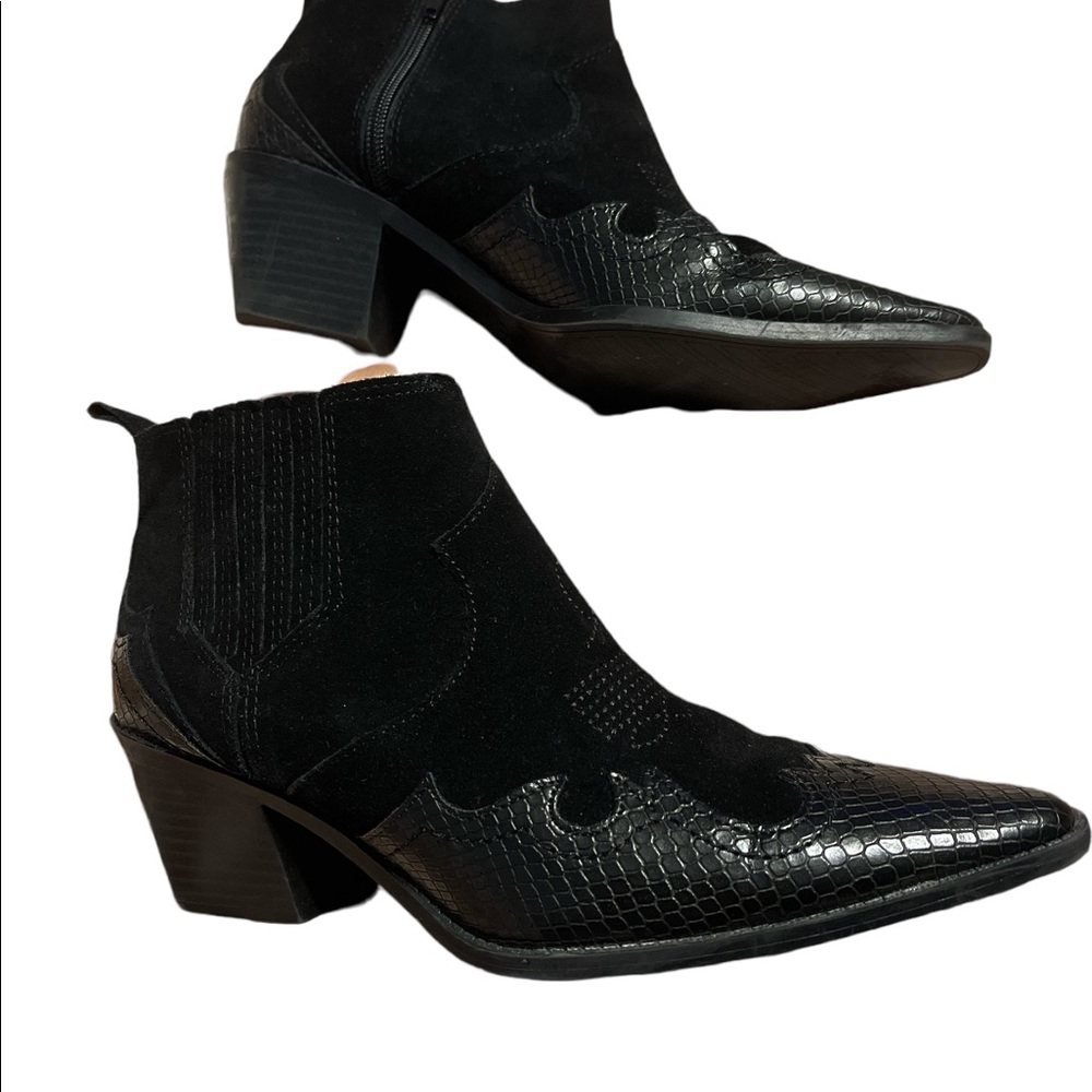 Zara Black Suede Leather Western Style Cowboy Booties - Gem